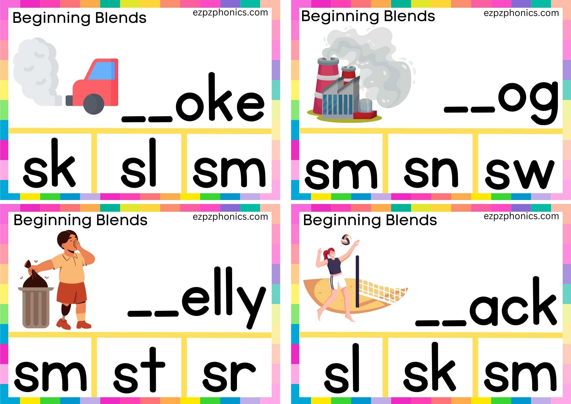 SM Beginning Blends Clip Cards Finish The Words And Clip The Correct Letters Set 2 - ezpzphonics.com